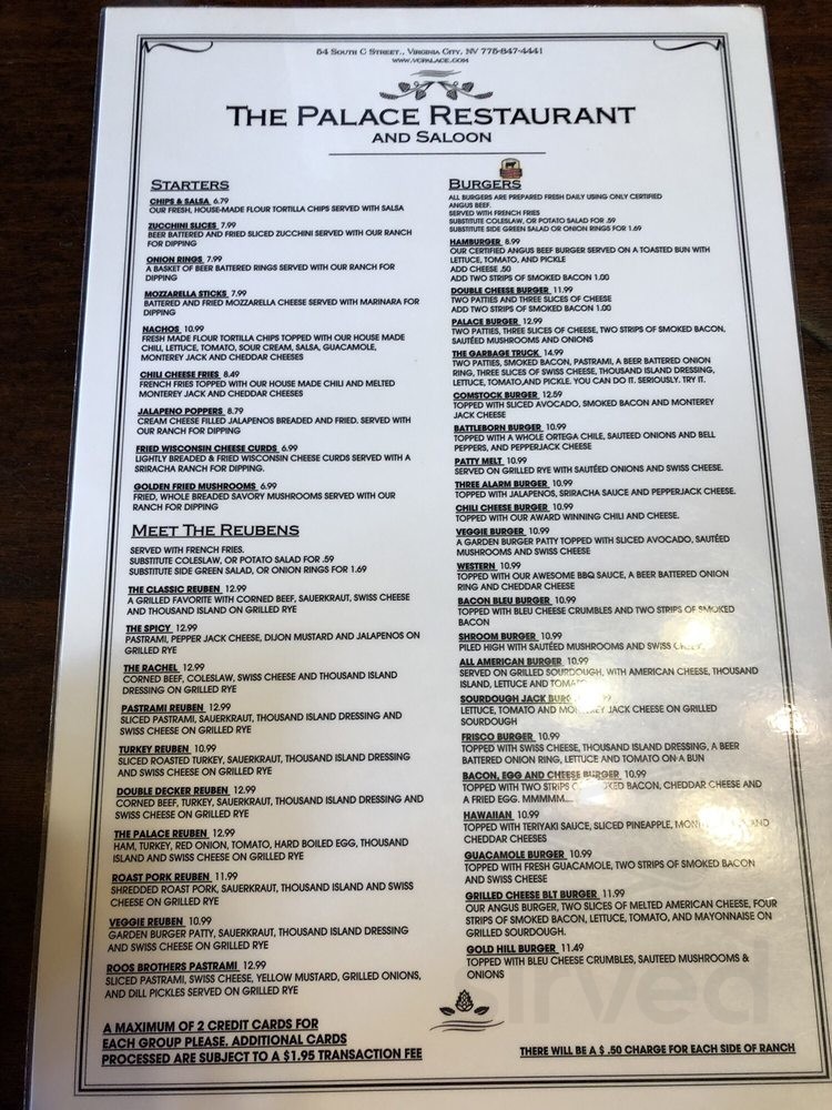 Palace Restaurant & Saloon menus in Virginia City, Nevada, United States