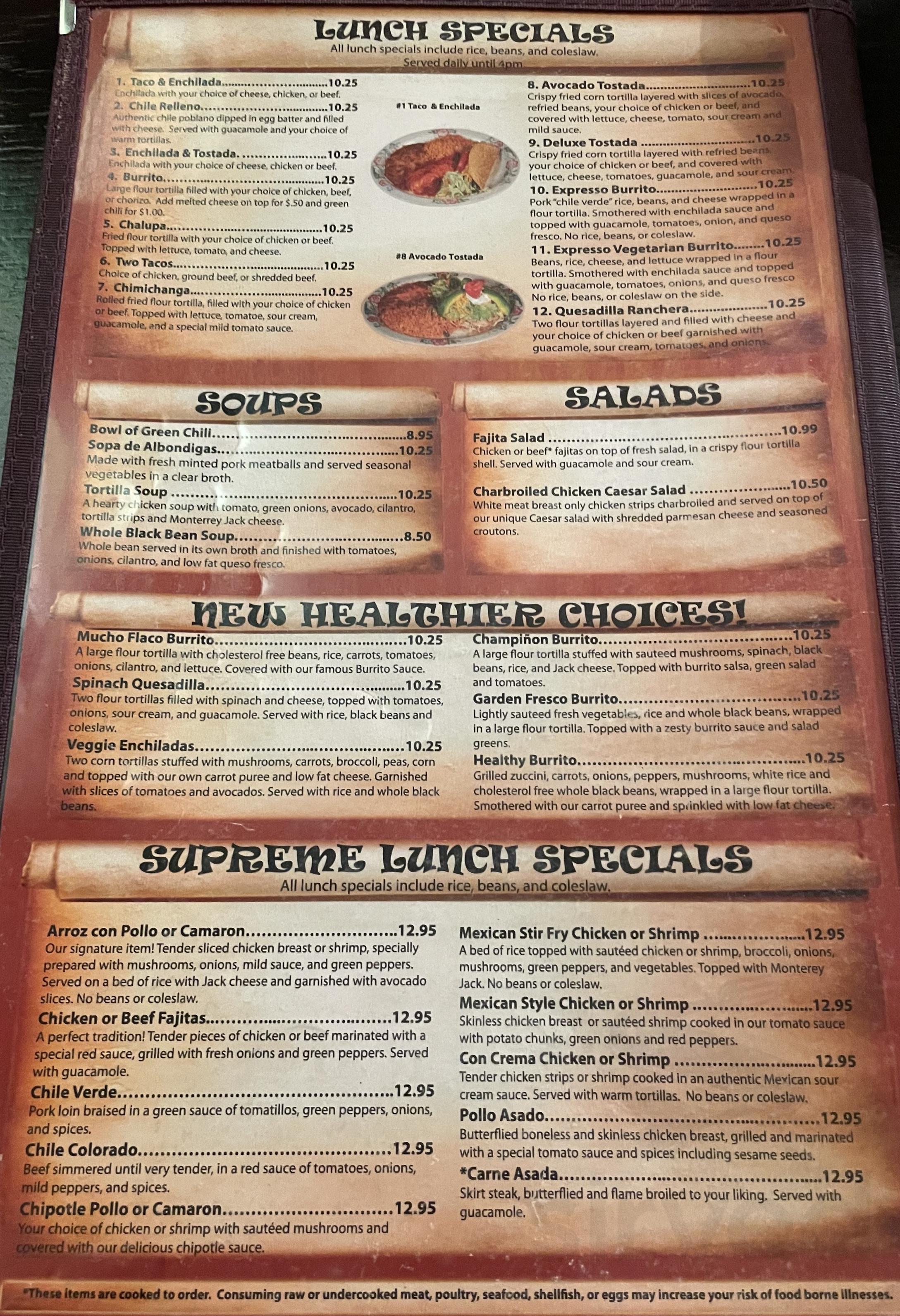 Mi Mexico Family Mexican restaurant menu in Ouray, Colorado, USA