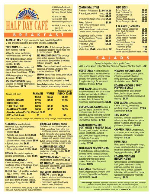Half Day Cafe menu in Rochester Hills, Michigan, USA