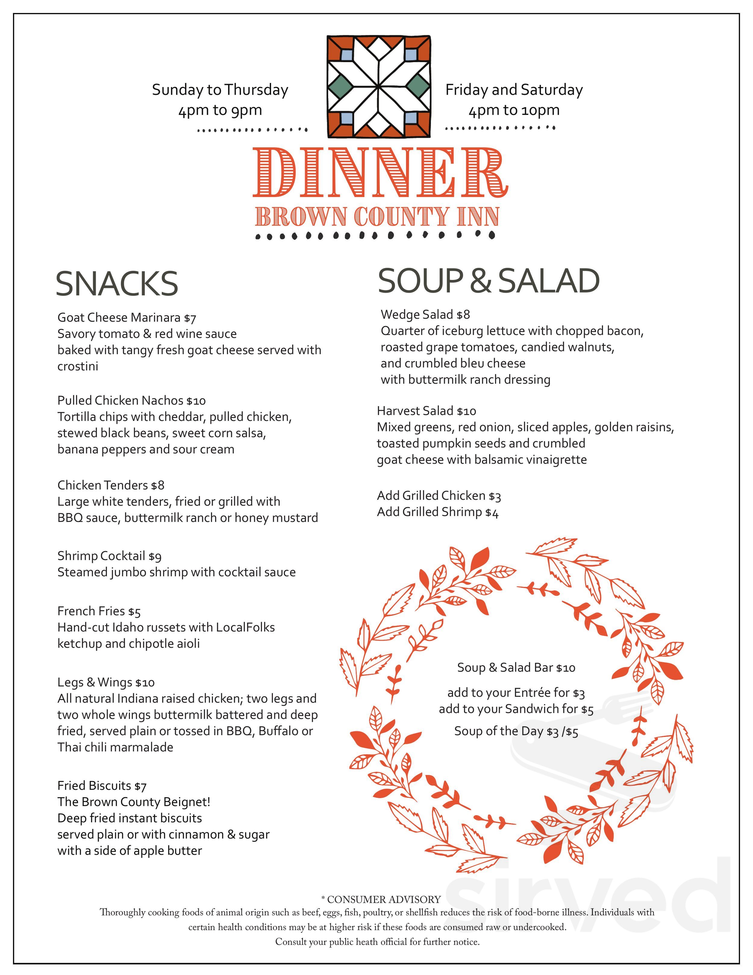 Harvest Dining Room menu in Nashville, Indiana, USA