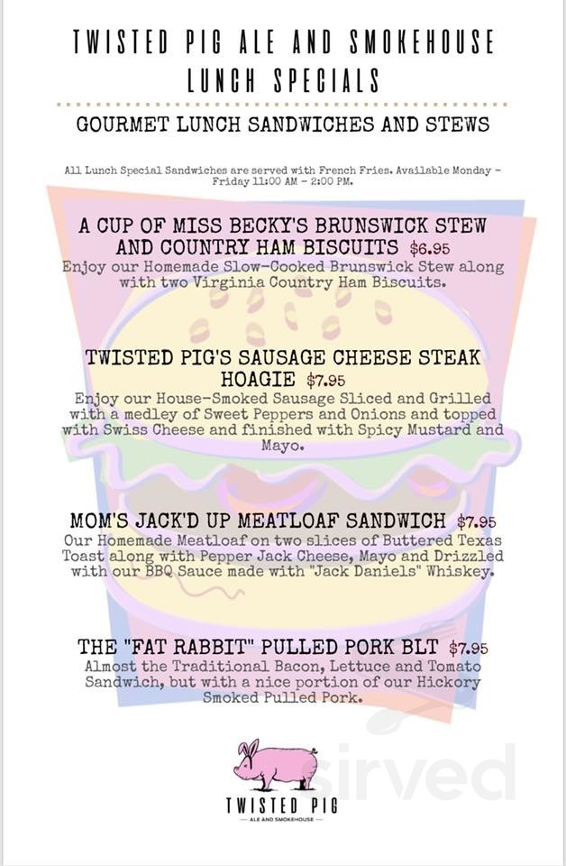 Twisted Pig Ale & Smokehouse menu in Portsmouth, Virginia, USA