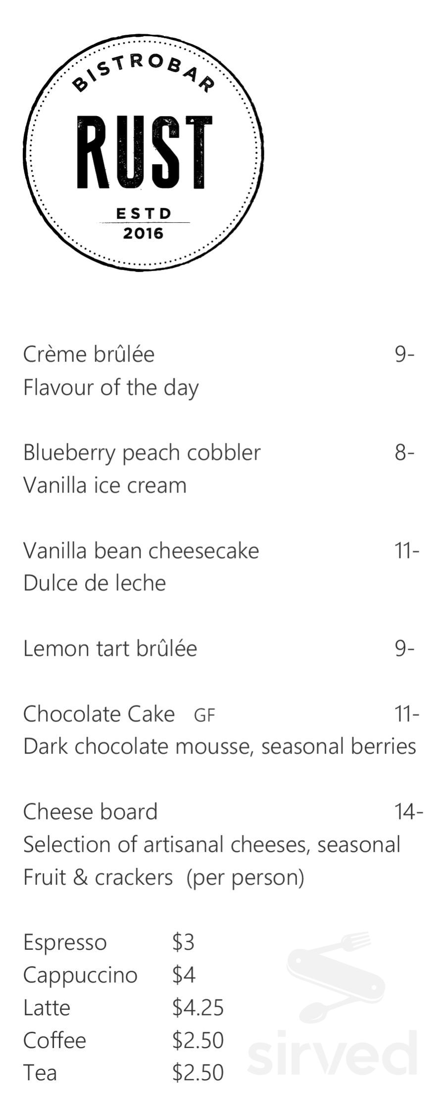 Rust Bistro Bar menu in Burlington, Ontario, Canada