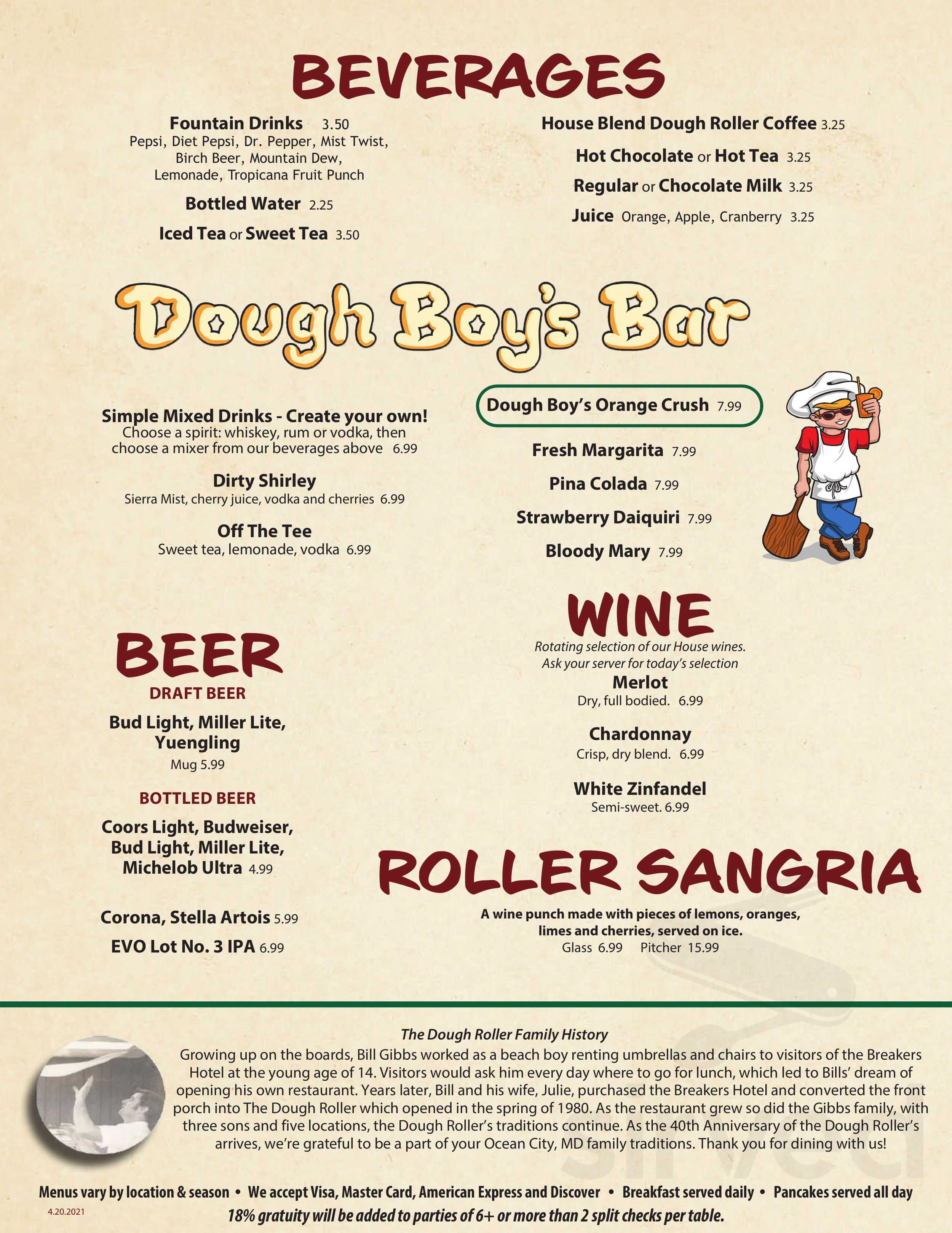 The Dough Roller menu in Ocean City, Maryland, USA
