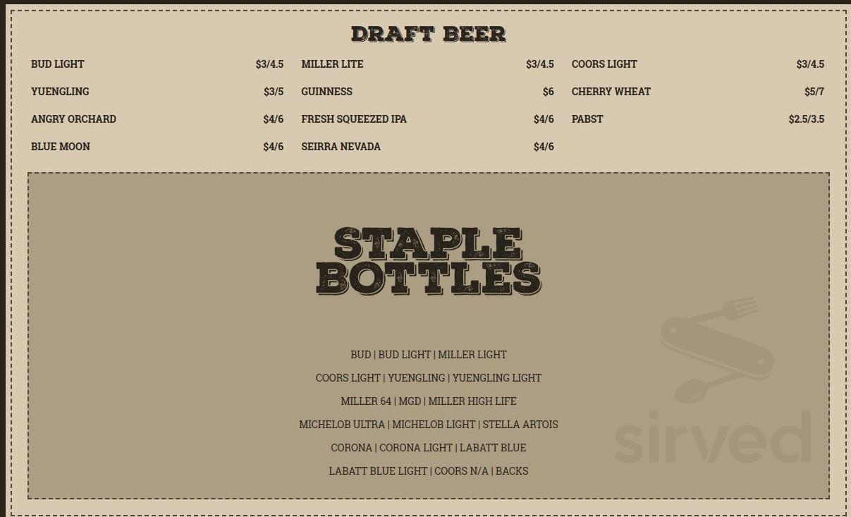 Barry Dyngles menu in Youngstown, Ohio, USA