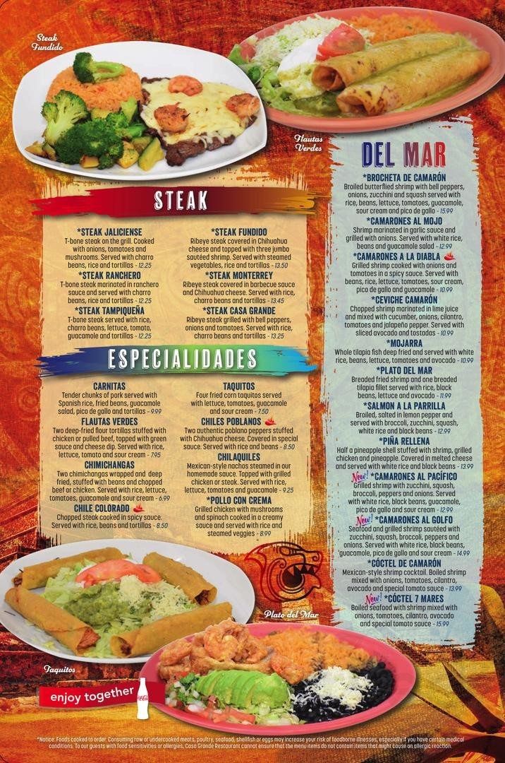 Menu for Casa Grande Cantina & GRill in Hartwell, Georgia, United States