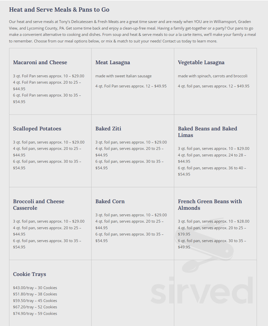 Tony's Delicatessen & Fresh Meats menu in Williamsport, Pennsylvania, USA
