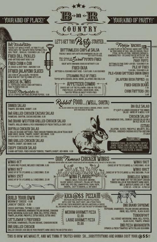 BnR Country menu in Mabank, Texas, USA