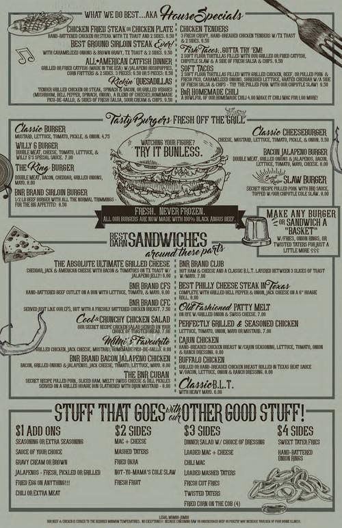 BnR Country menu in Mabank, Texas, USA