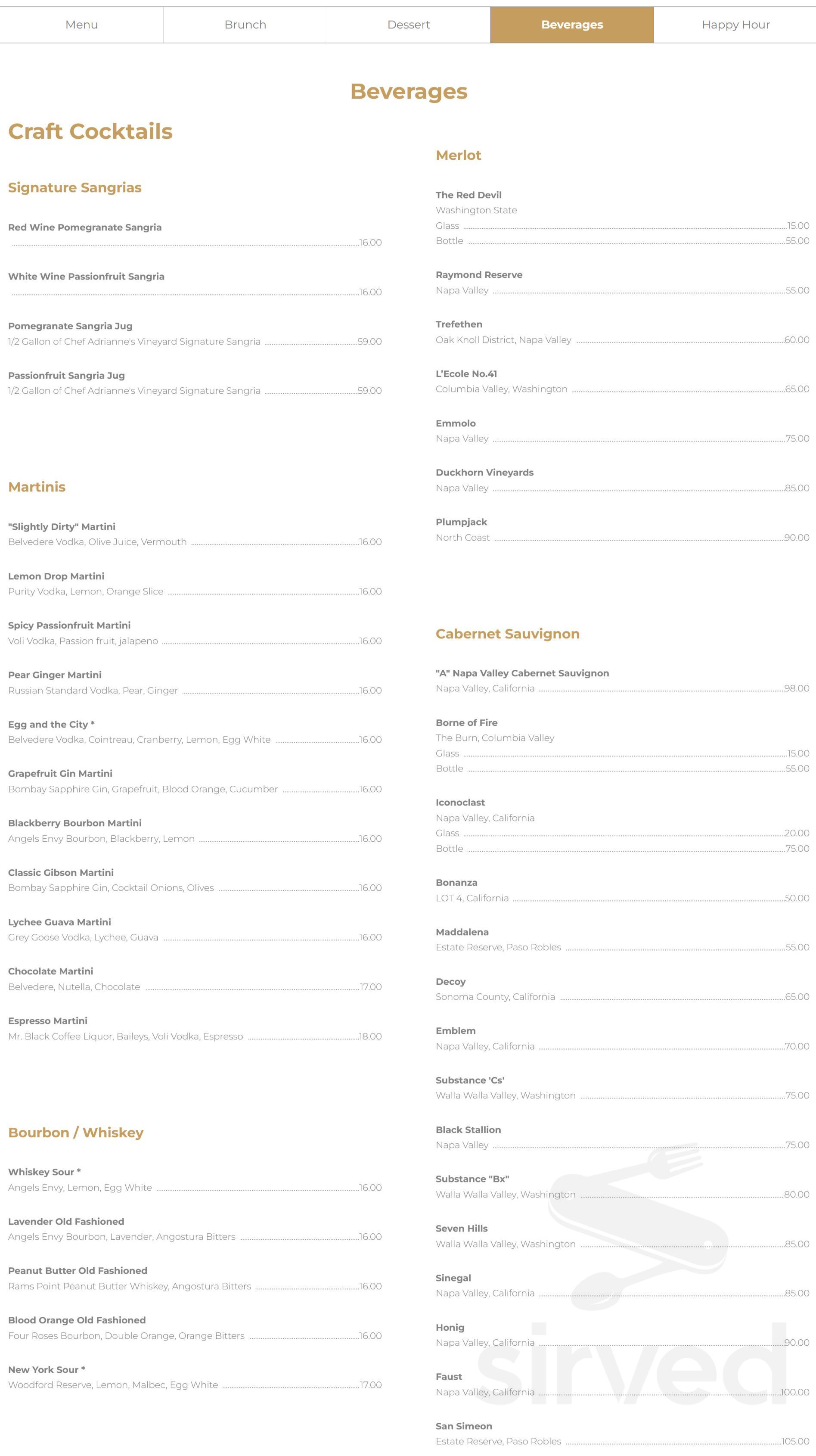 Menu - Miami FL's Chef Adrianne's Vineyard Restaurant & Bar | Sirved