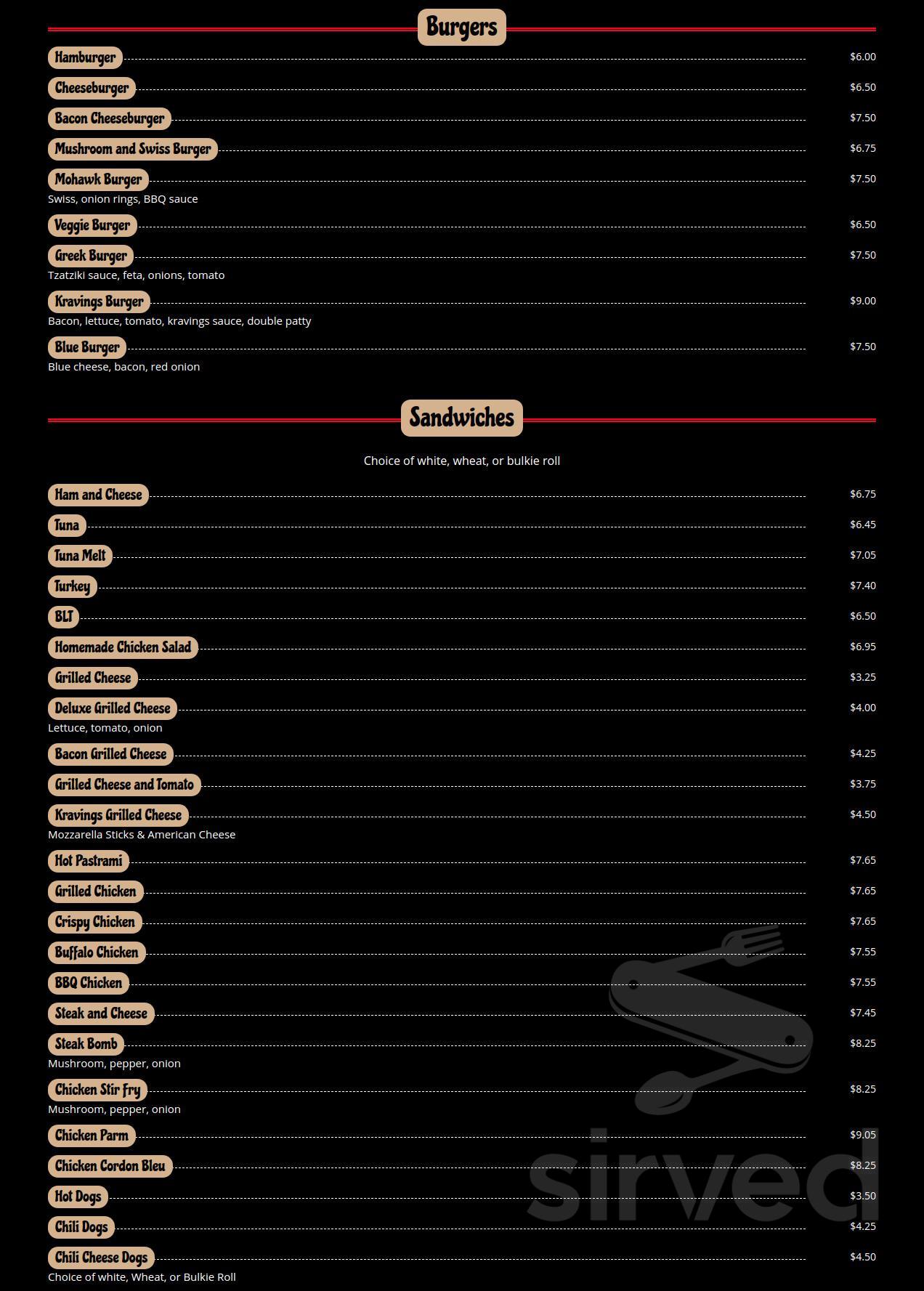 Kravings Pizza and Ice Cream menu in Millis, Massachusetts, USA