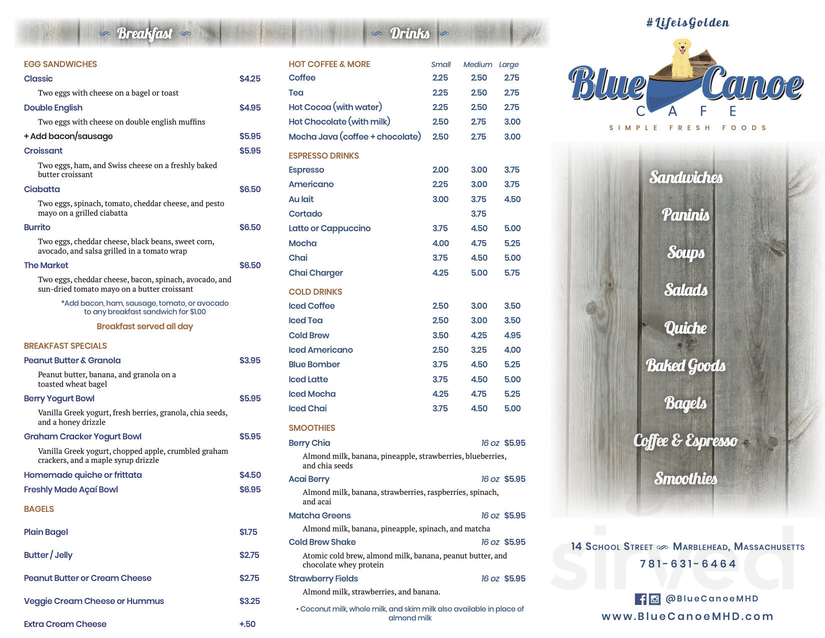 Menu - Marblehead MA's Blue Canoe Cafe | Sirved