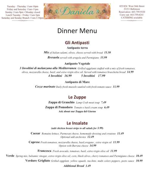 Daniela Restaurant menu in Baltimore, Maryland, USA