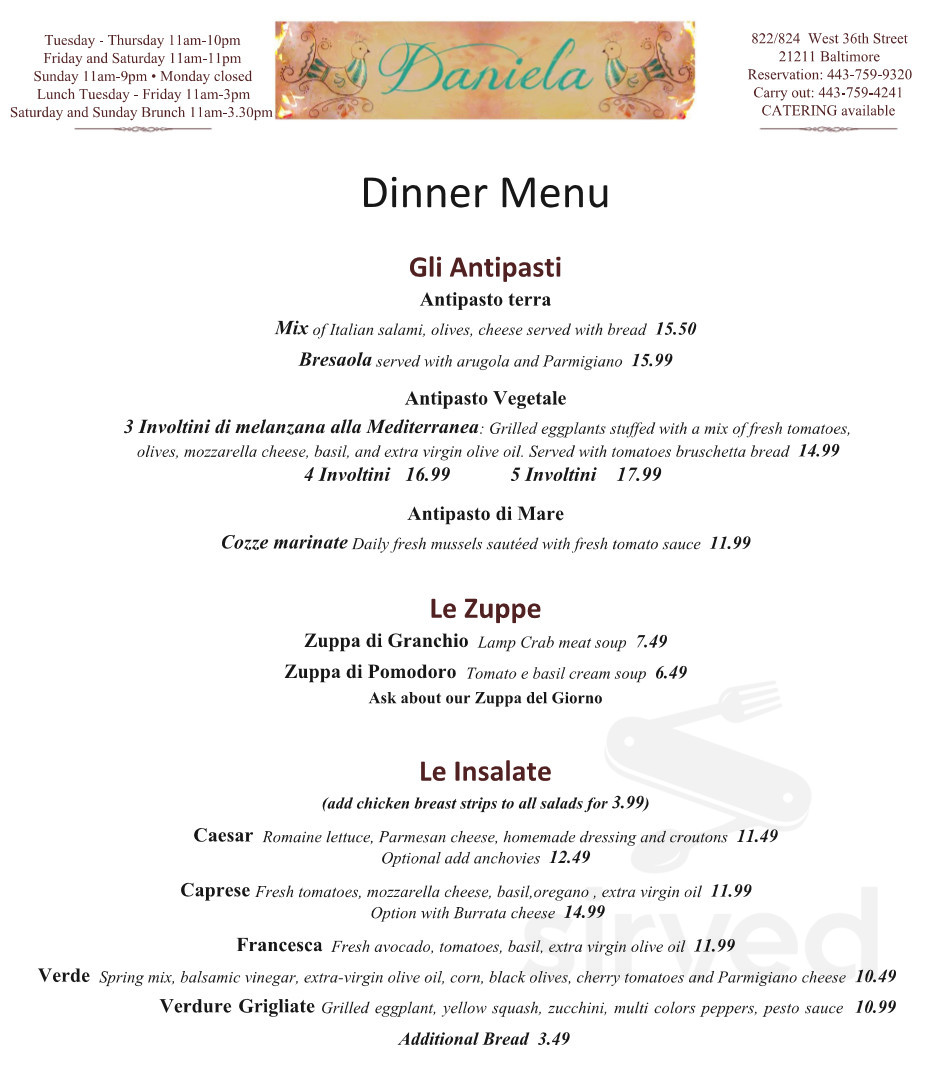 Daniela Restaurant menu in Baltimore, Maryland, USA