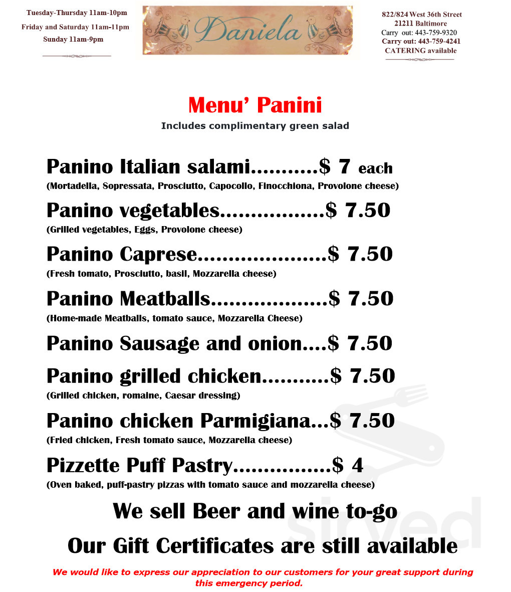 Daniela Restaurant menu in Baltimore, Maryland, USA