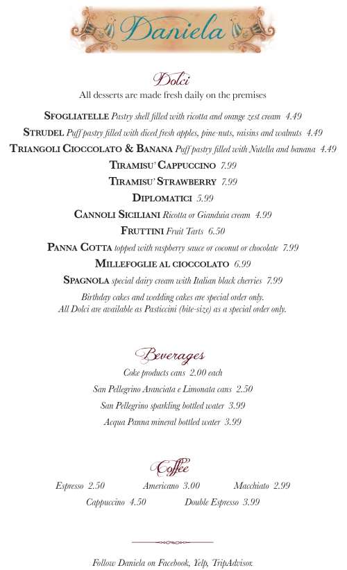 Daniela Restaurant menu in Baltimore, Maryland, USA
