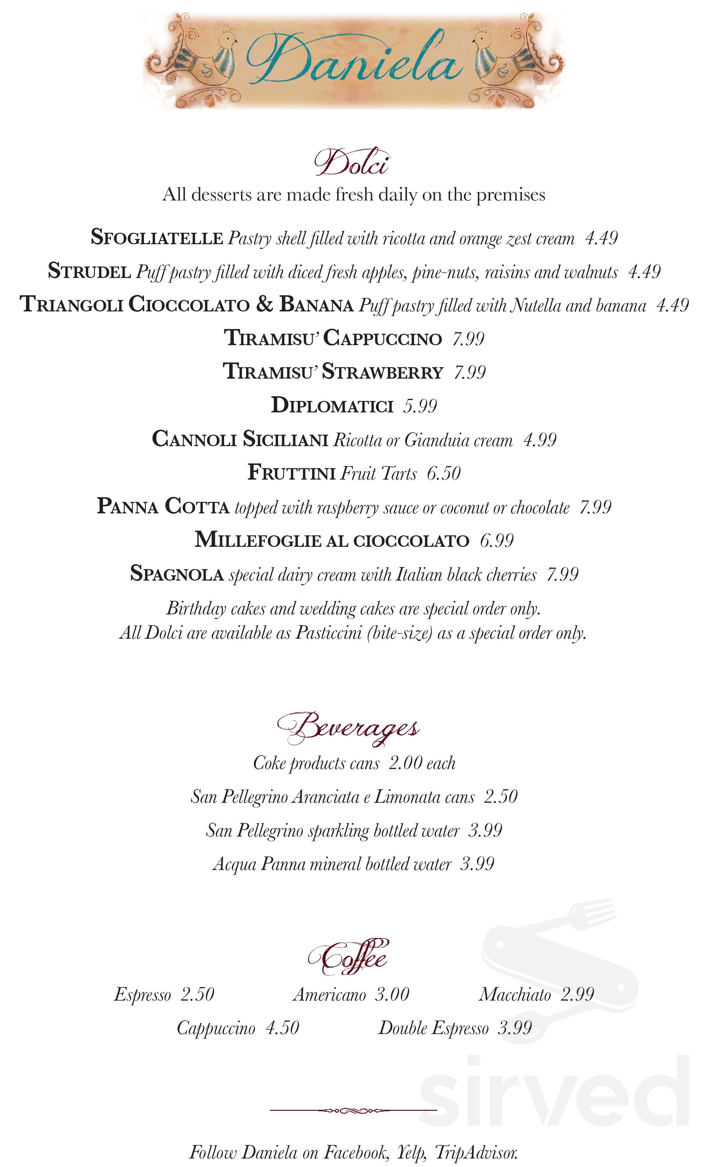 Daniela Restaurant menu in Baltimore, Maryland, USA