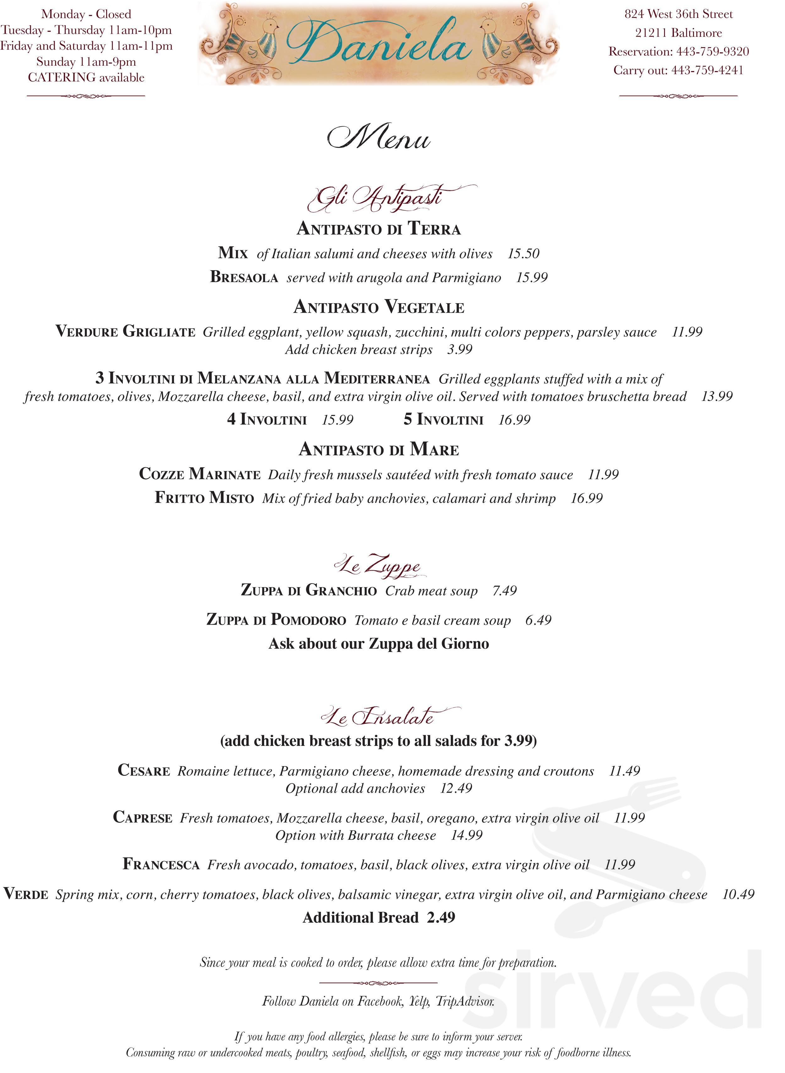 Daniela Restaurant menu in Baltimore, Maryland, USA