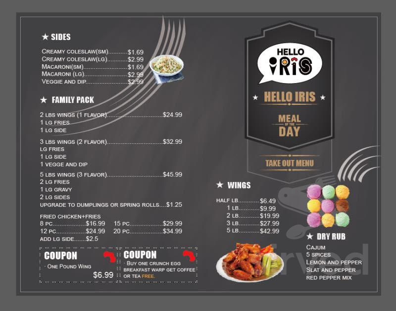 Hello Iris menu in Waterdown, Ontario, Canada