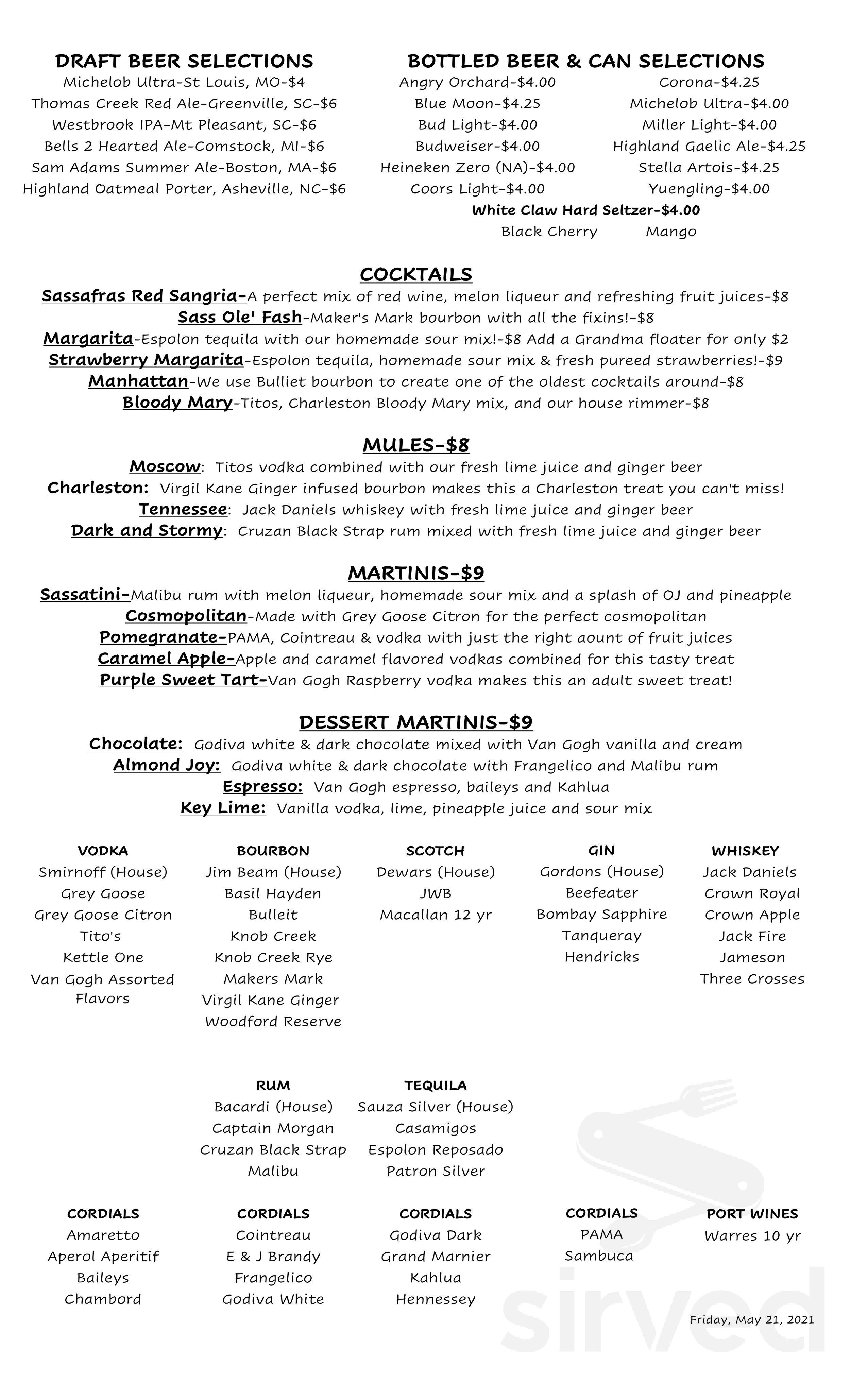 Sassafras Southern Bistro menu in Greenville, South Carolina, USA