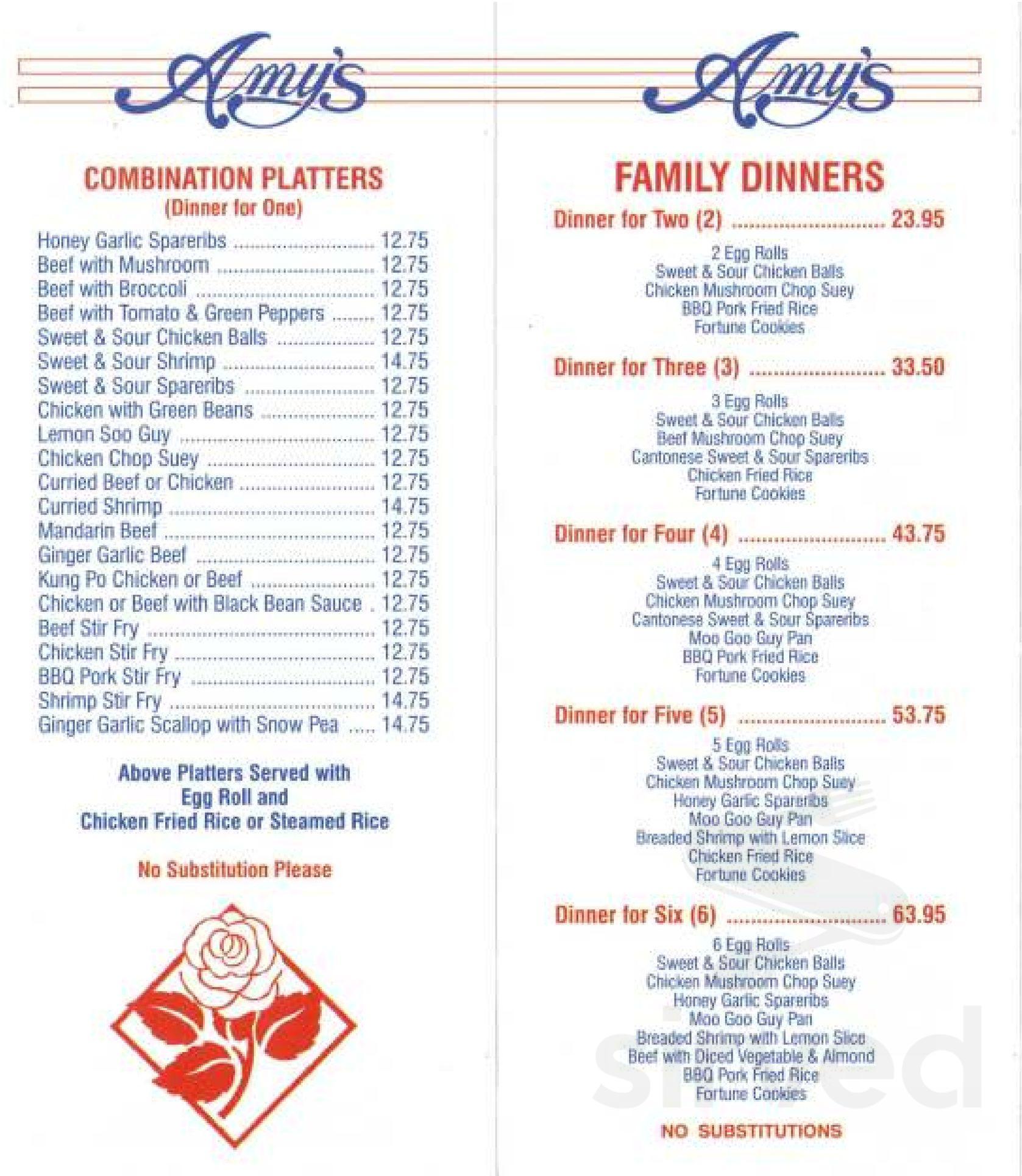 Amy's Restaurant and Banquet Hall menus in Strathroy, Ontario, Canada