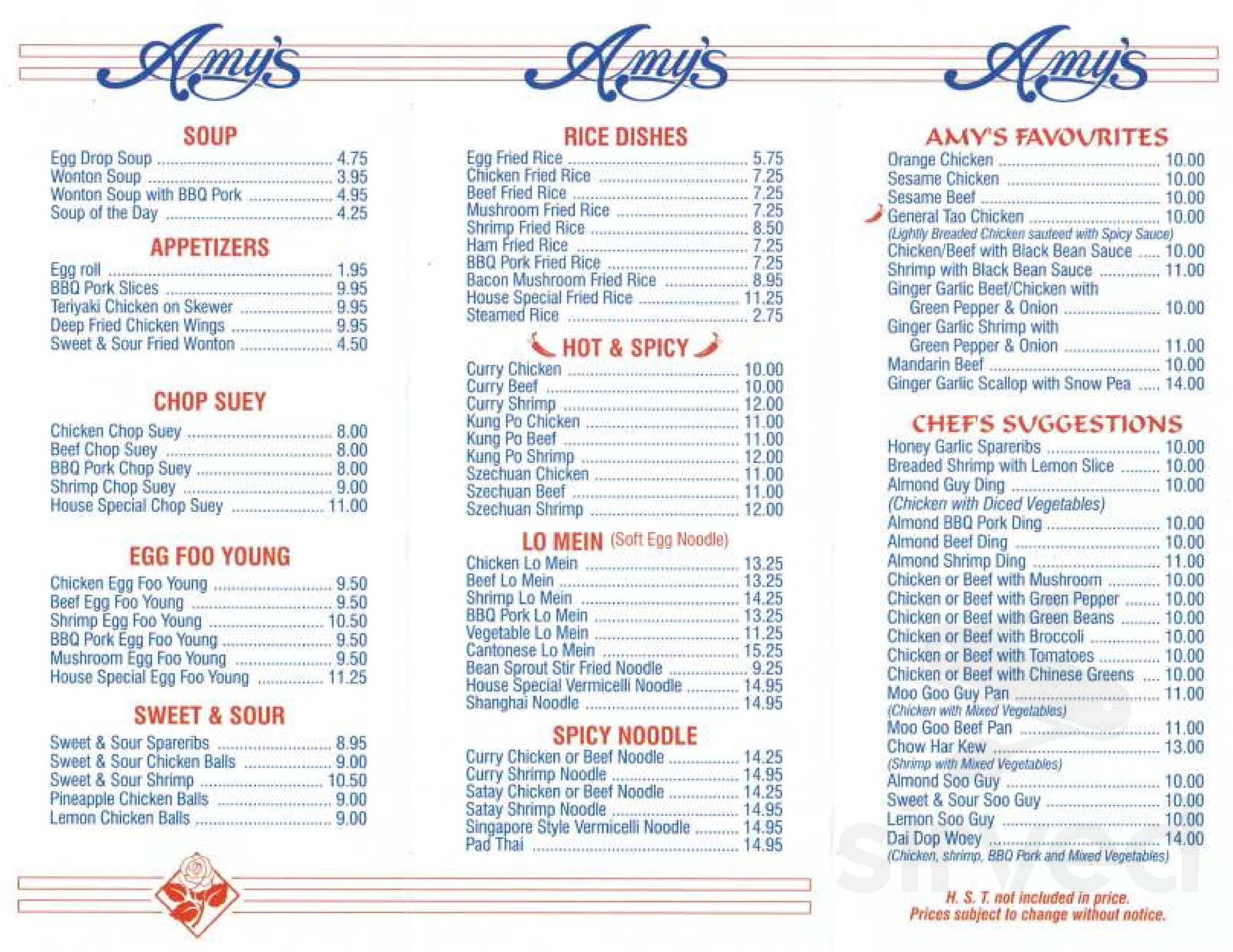 Amy's Restaurant and Banquet Hall menus in Strathroy, Ontario, Canada