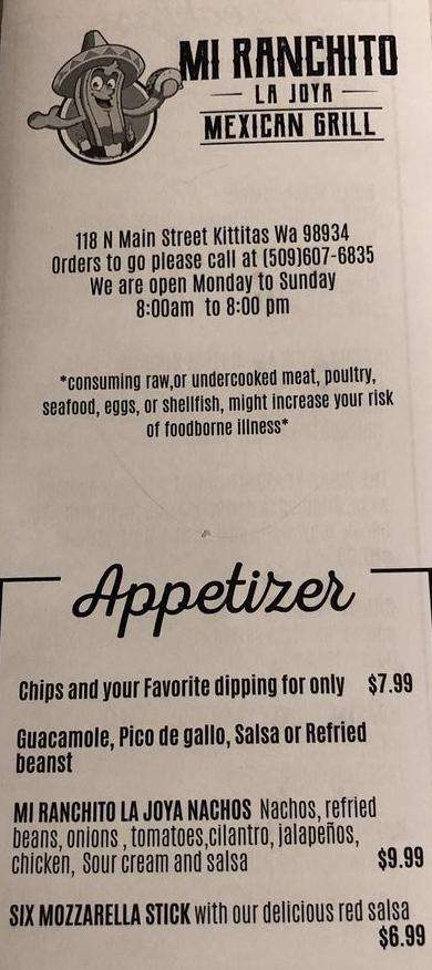 Mi Ranchito La Joya Mexican Grill menu in Kittitas, Washington, USA