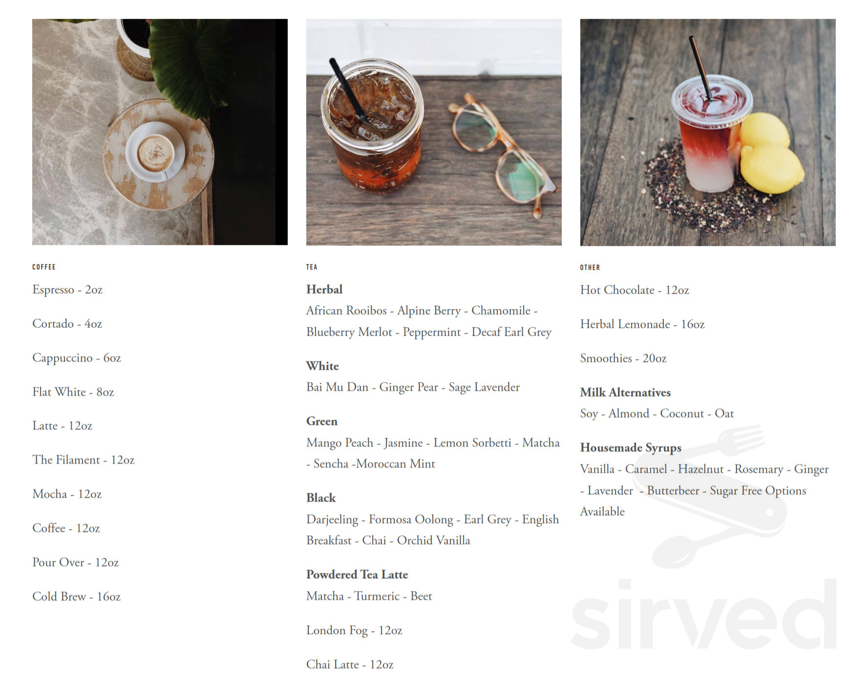 Filament Coffee + Tea menu in Mebane, North Carolina, USA