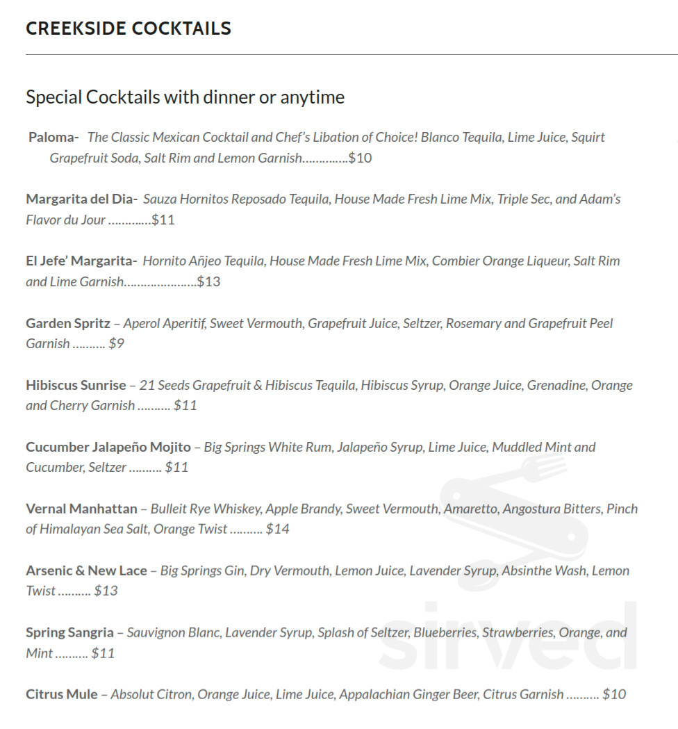 Creekside at the Gamble Mill menu in Bellefonte, Pennsylvania, USA