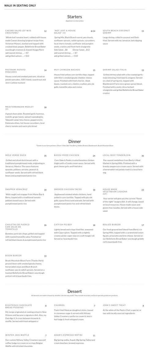 Creekside at the Gamble Mill menu in Bellefonte, Pennsylvania, USA