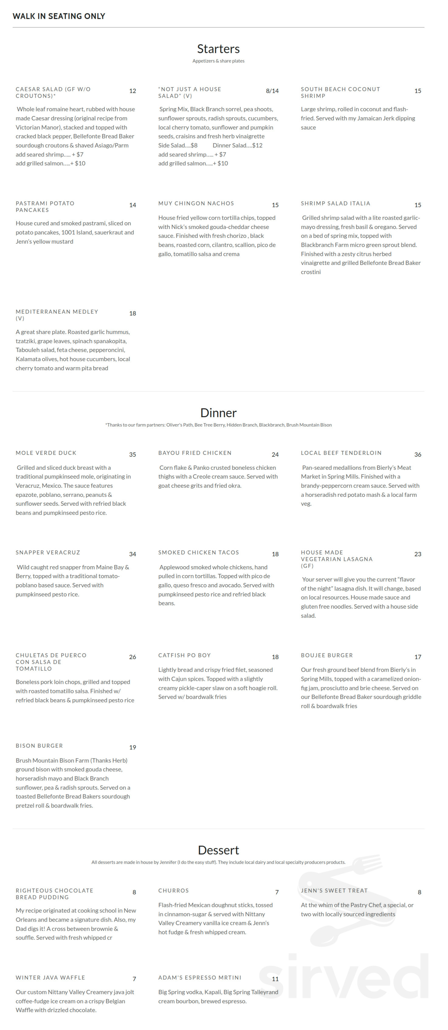 Creekside at the Gamble Mill menu in Bellefonte, Pennsylvania, USA