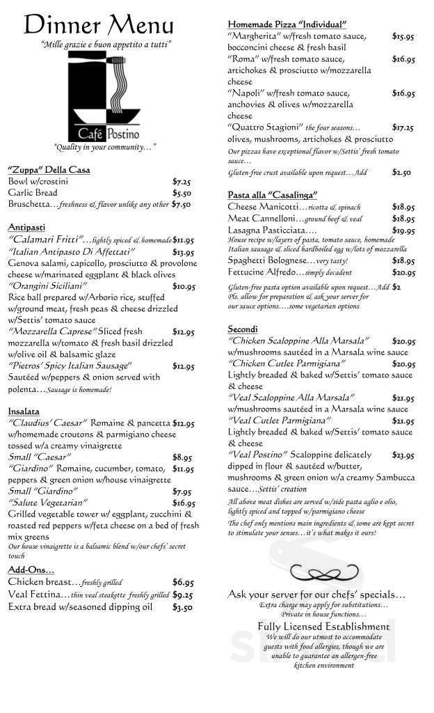 Café Postino menus in Almonte, Ontario, Canada