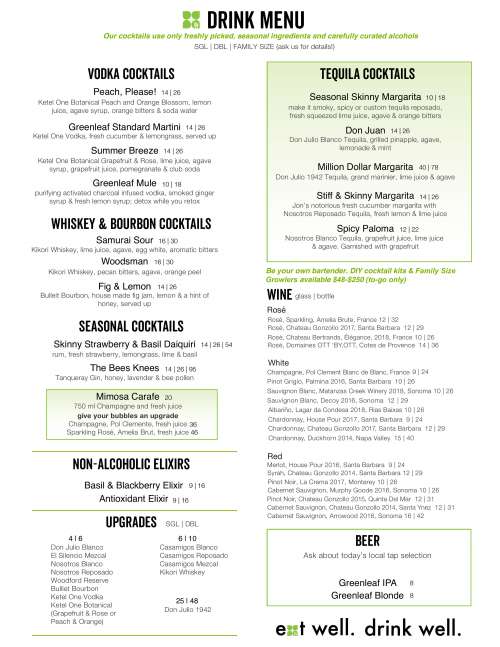 Greenleaf Kitchen and Cocktails menu in Austin, Texas, USA