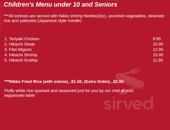 Nikko Japanese Steak & Seafood menu in Hagerstown, Maryland, USA