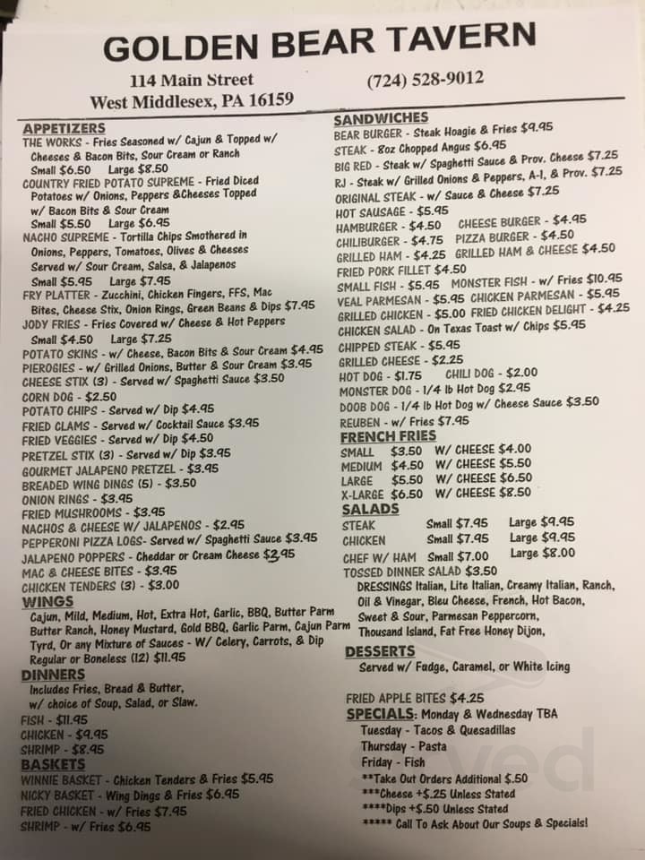 Menu for Golden Bear Tavern in West Middlesex, PA | Sirved