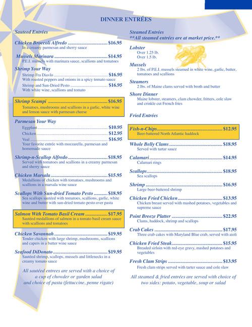 Point Breeze menu in Webster, Massachusetts, USA