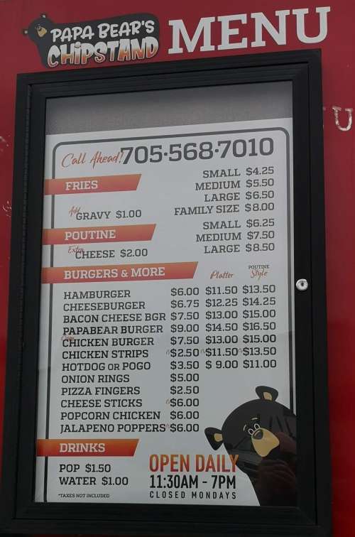 Papa Bears Chipstand menu in Kirkland Lake, Ontario, Canada
