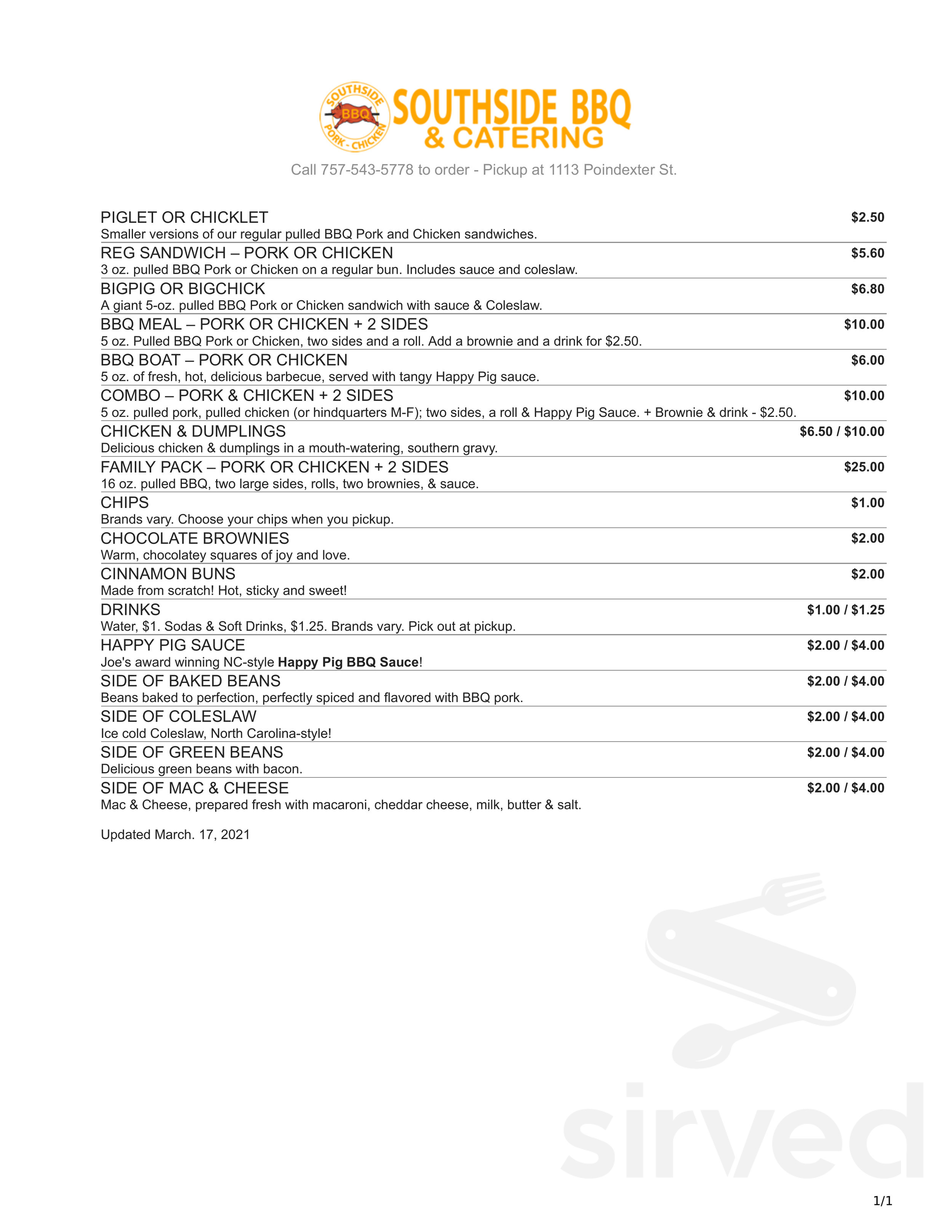 Southside BBQ & Catering menu in Chesapeake, Virginia, USA