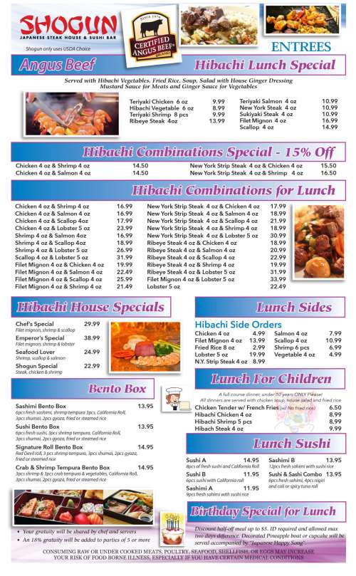 Shogun Japanese Steakhouse menu in Cordova, Tennessee, USA
