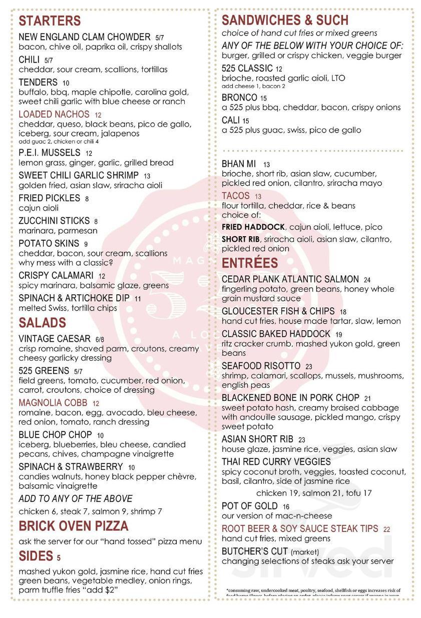Menu - Gloucester MA's Magnolia 525 Tavern | Sirved