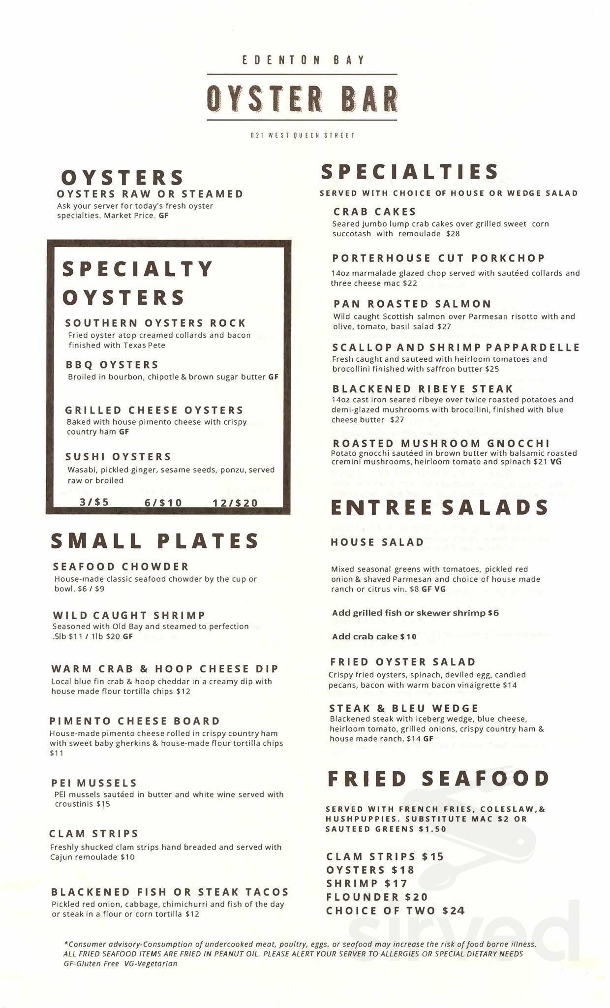 Menu for Edenton Bay Oyster Bar in Edenton, NC | Sirved