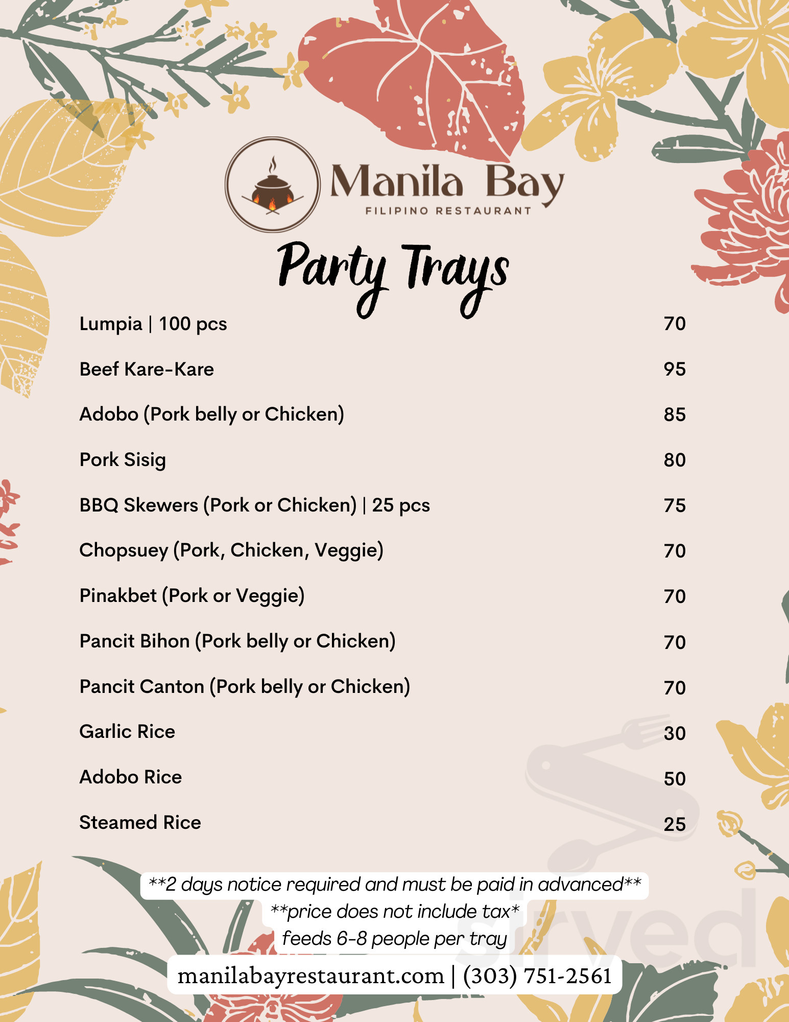Manila Bay Filipino Restaurant menu in Aurora, Colorado, USA