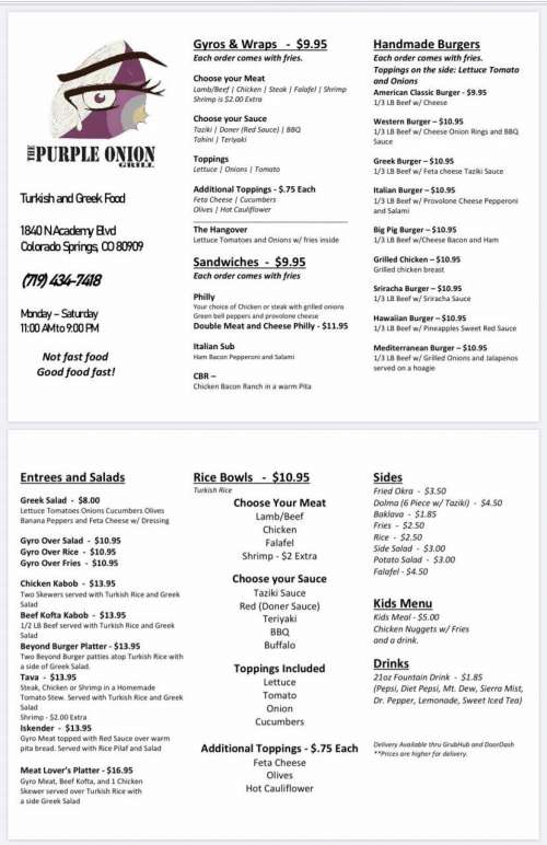 The Purple Onion menu in Colorado Springs, Colorado, USA