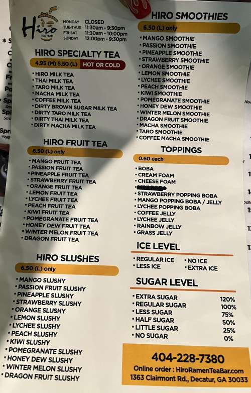 Hiro Ramen & Tea Bar - Atlanta, Georgia menu in Decatur, Georgia, USA