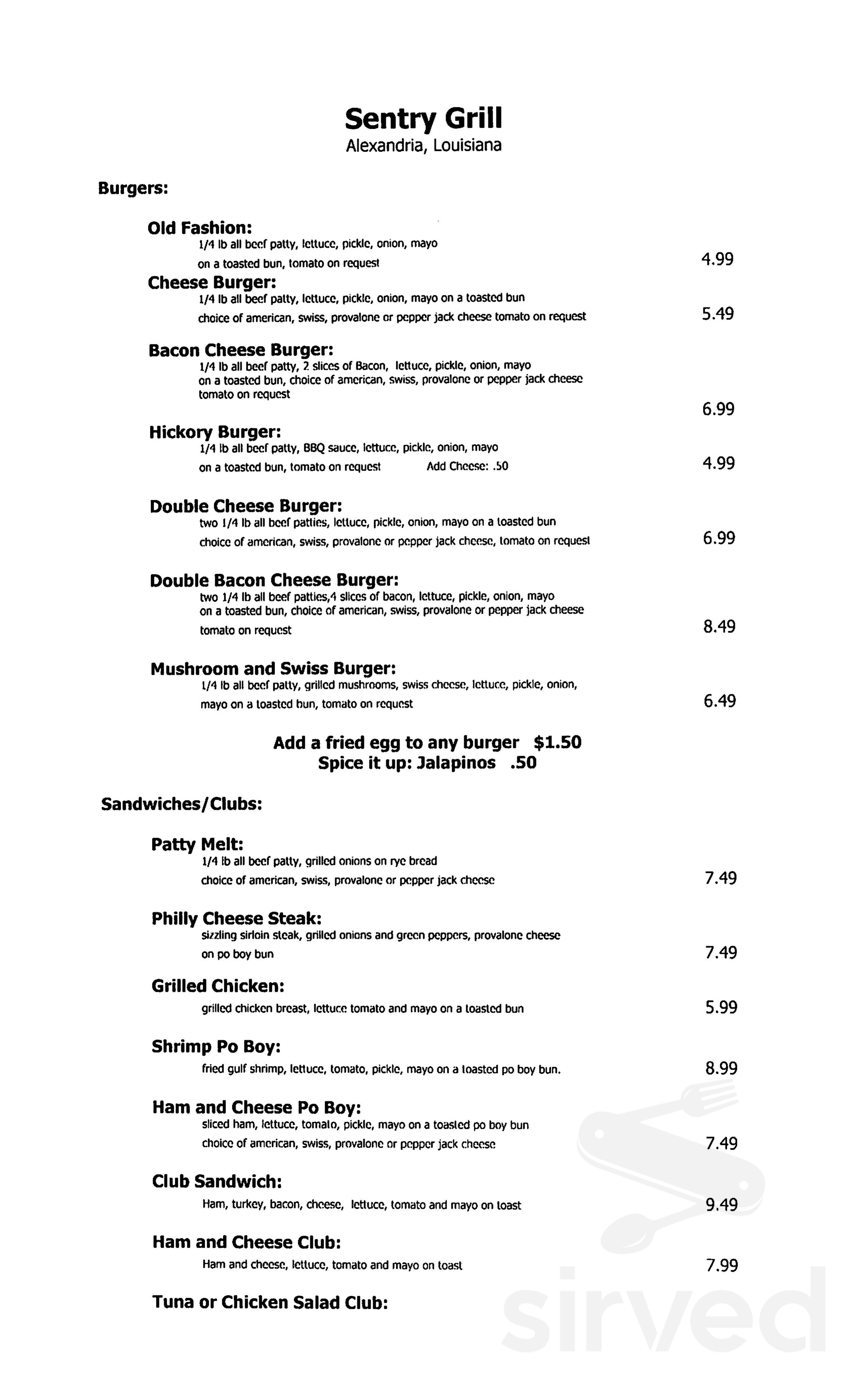 Sentry Grill menu in Alexandria, Louisiana, USA