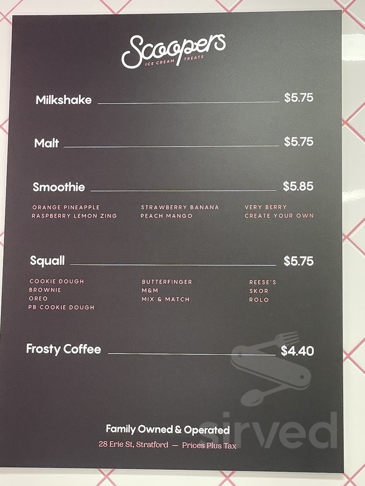Menu - Stratford ON's Scooper's Ice Cream Treats | Sirved