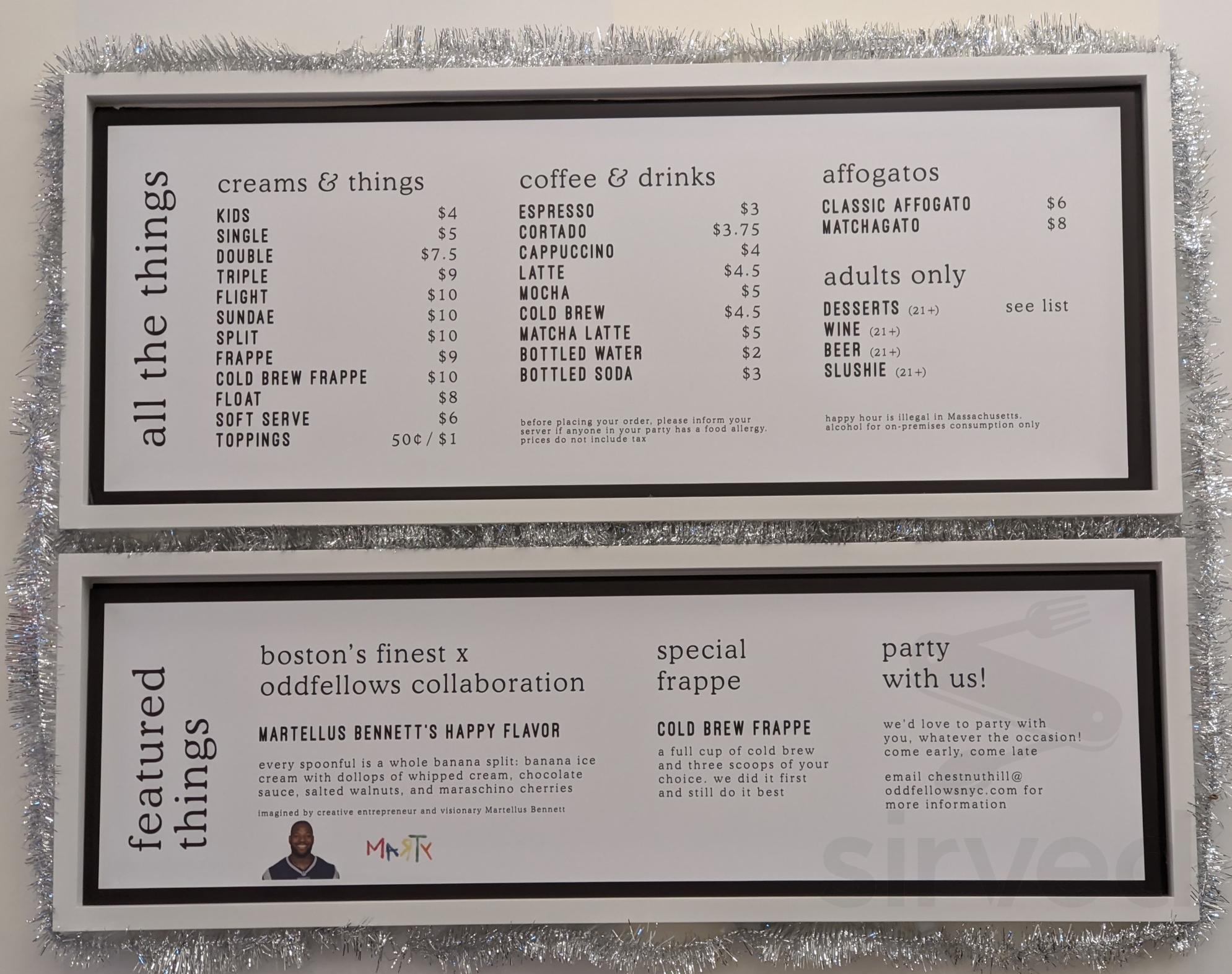 OddFellows Ice Cream Co. menu in Chestnut Hill, Massachusetts, USA