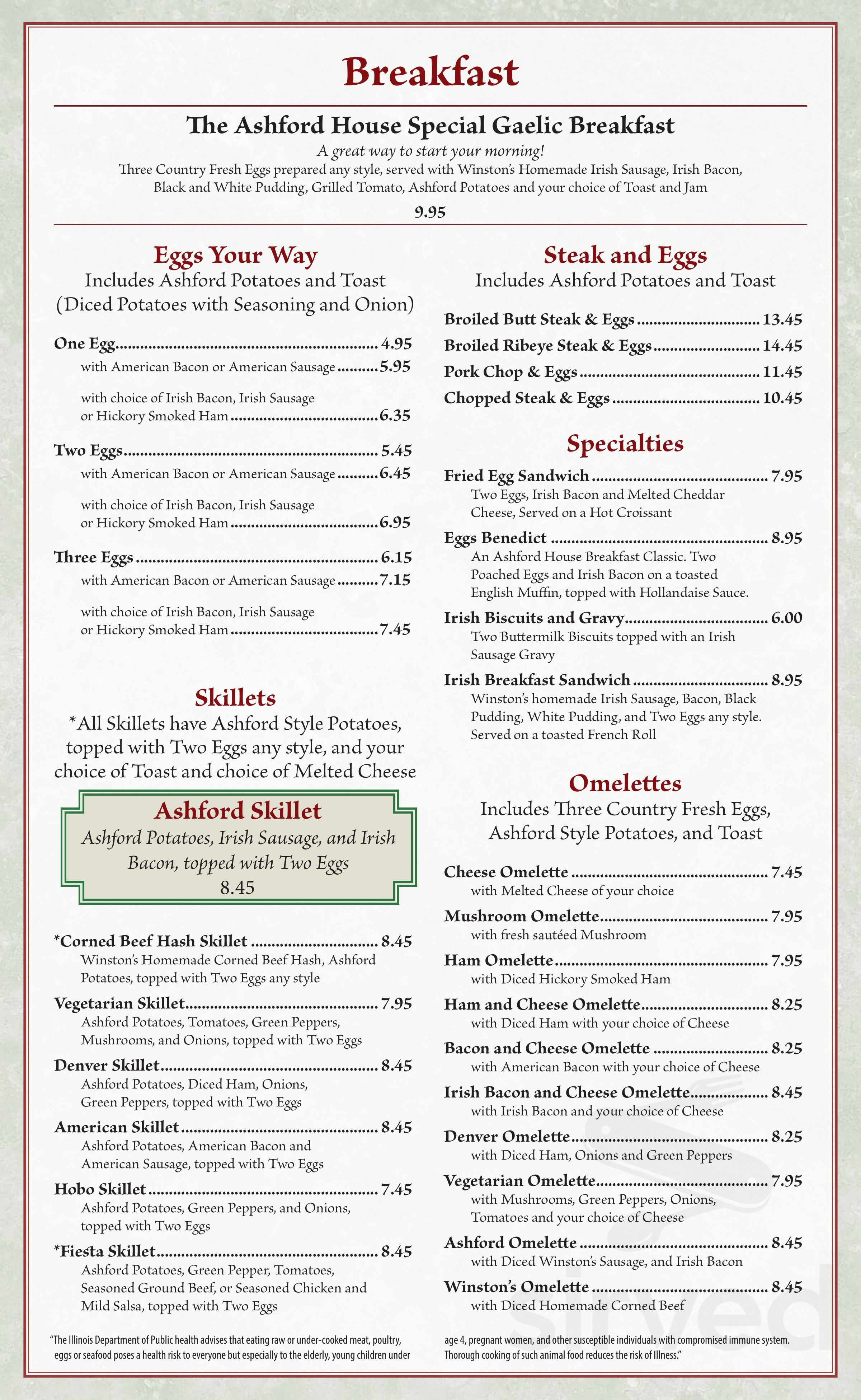 Ashford House menu in Tinley Park, Illinois, USA