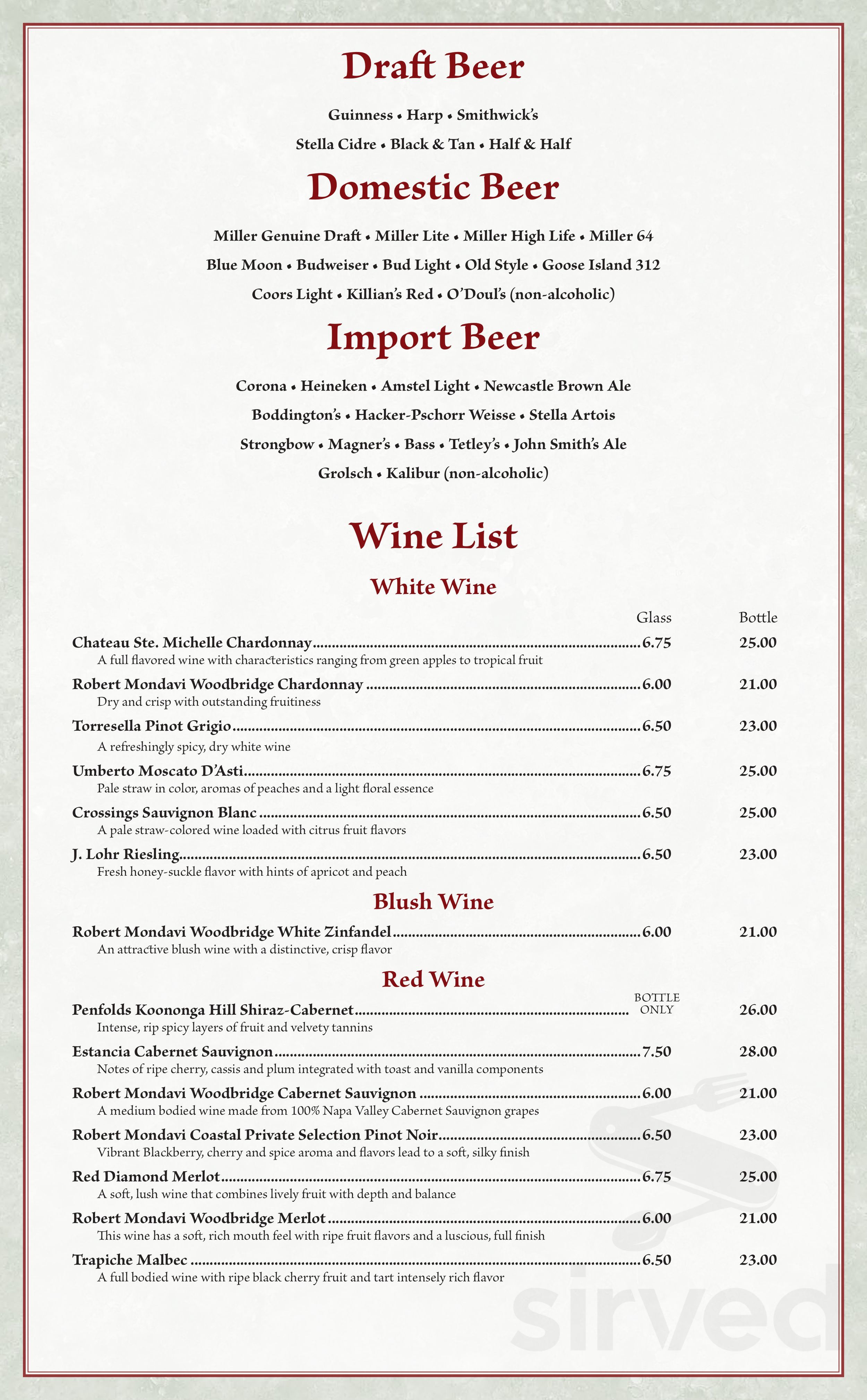 Ashford House menu in Tinley Park, Illinois, USA