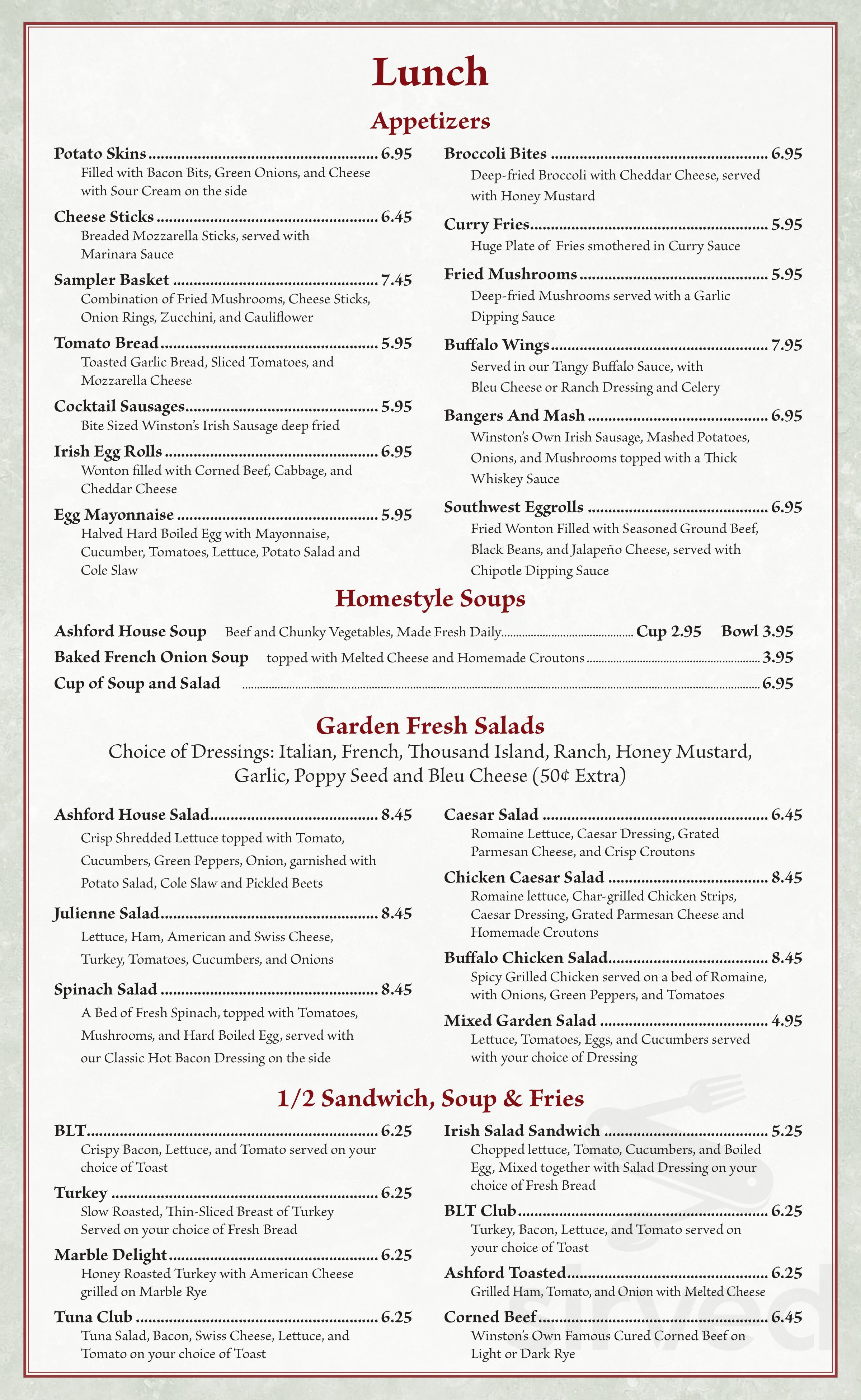 Ashford House menu in Tinley Park, Illinois, USA