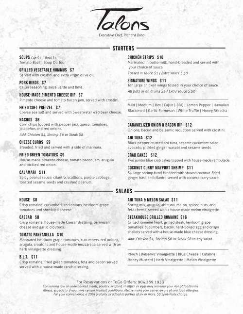 Talons Clubhouse Restaurant menu in Fleming Island, Florida, USA